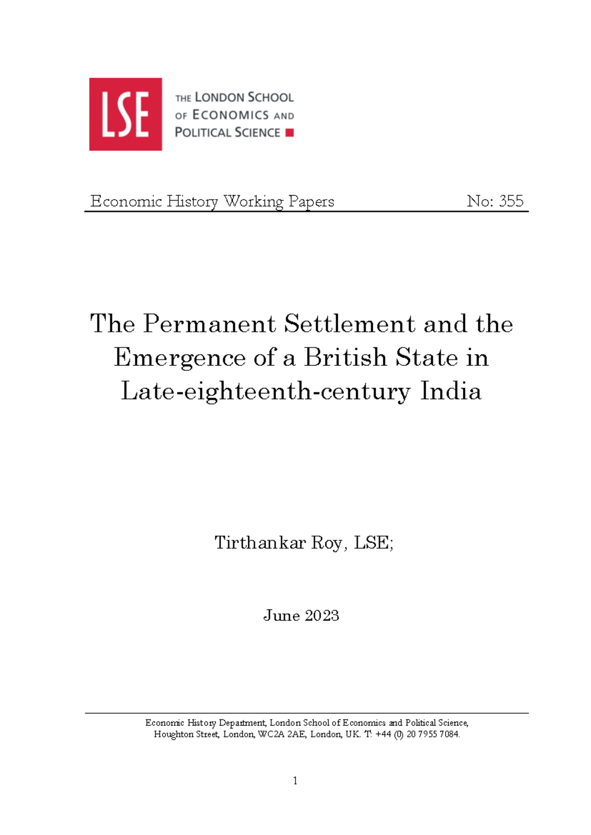 Tirthankar Roy permanent settlement - Economic History Working Papers ...