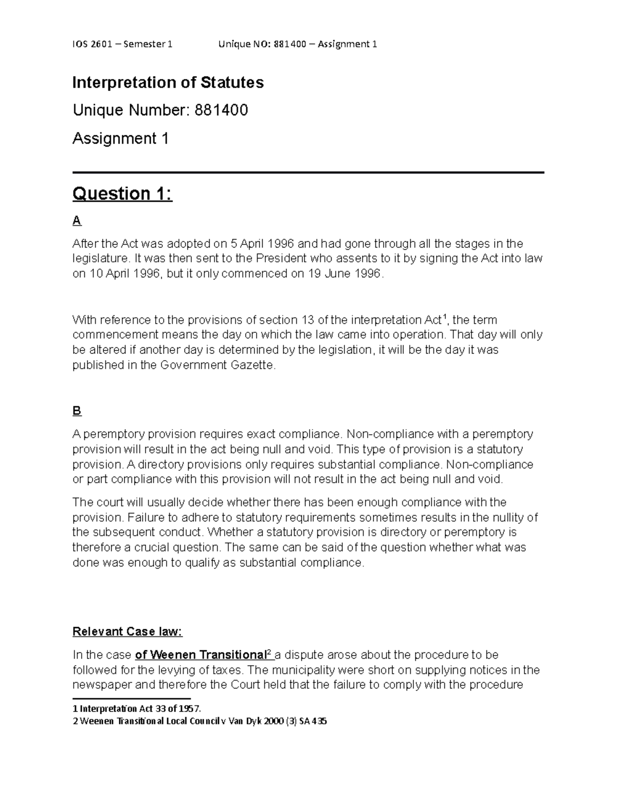 IOS 2601 - Assignment 1 - Interpretation of Statutes Unique Number ...
