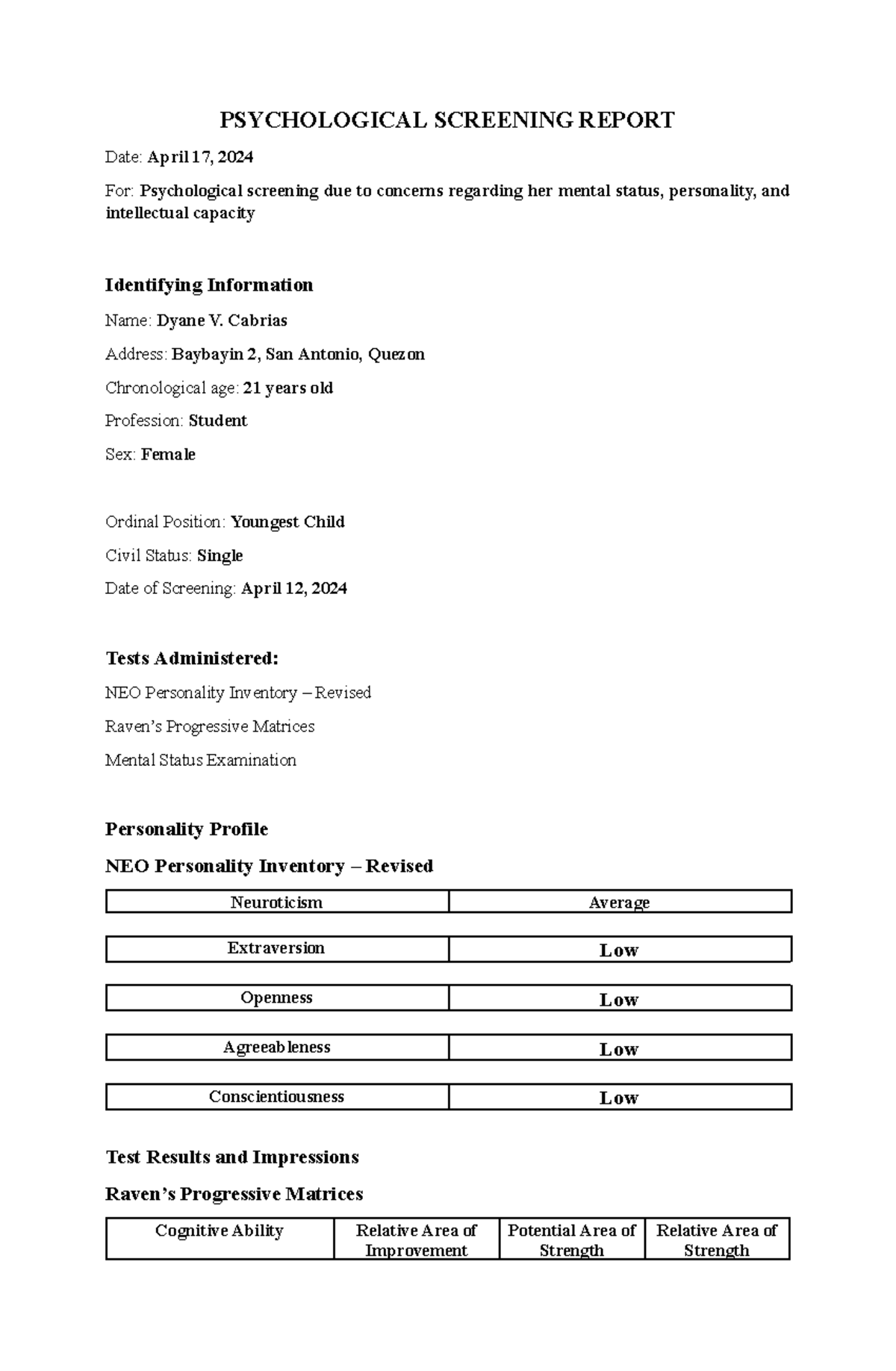 Psych Report - Dumaguit, Queen Vhilly Jhane A. - BSPsy 3205 ...