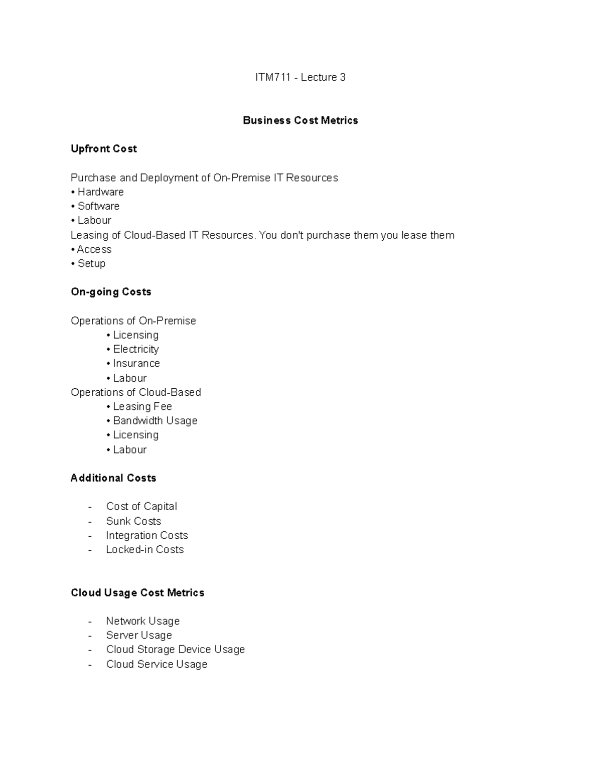 ITM711 Lecture 3 Business Cost Metrics and Pricing Models for Cloud ...