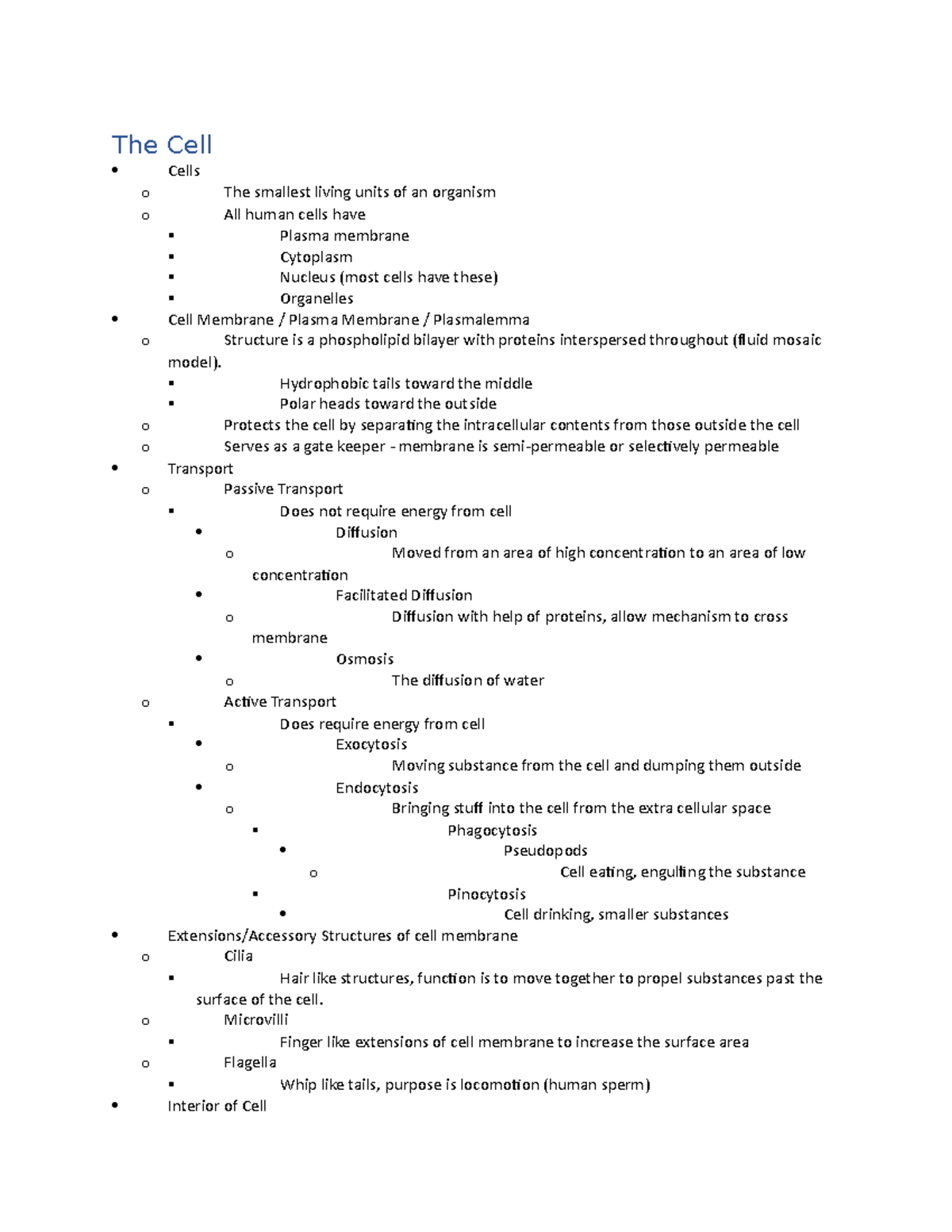 The Cell - Lecture notes 2 - The Cell Cells o The smallest living units ...