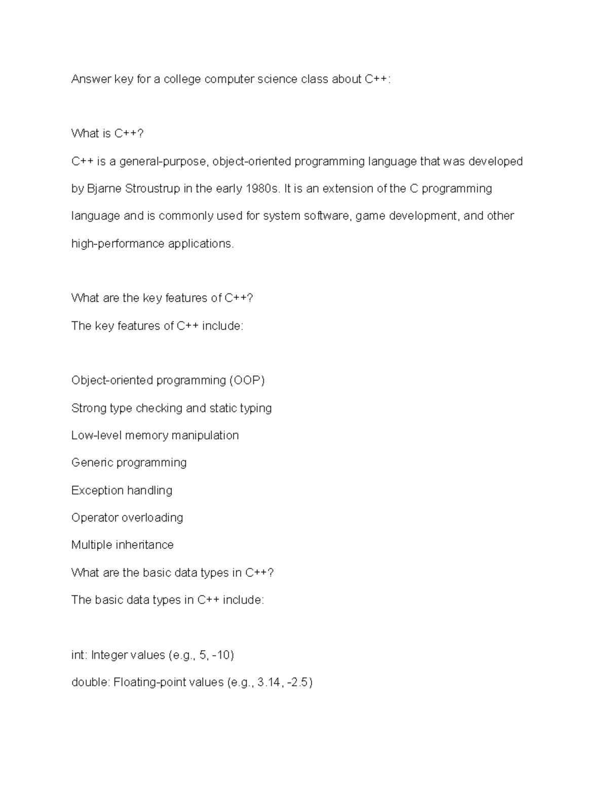 Answer key C++ program - Answer key for a college computer science ...