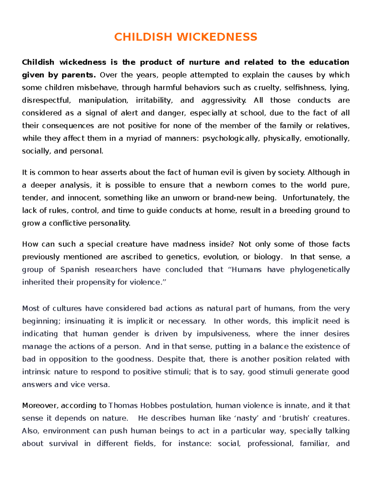 2 Presentation Human Evil - CHILDISH WICKEDNESS Childish wickedness is ...