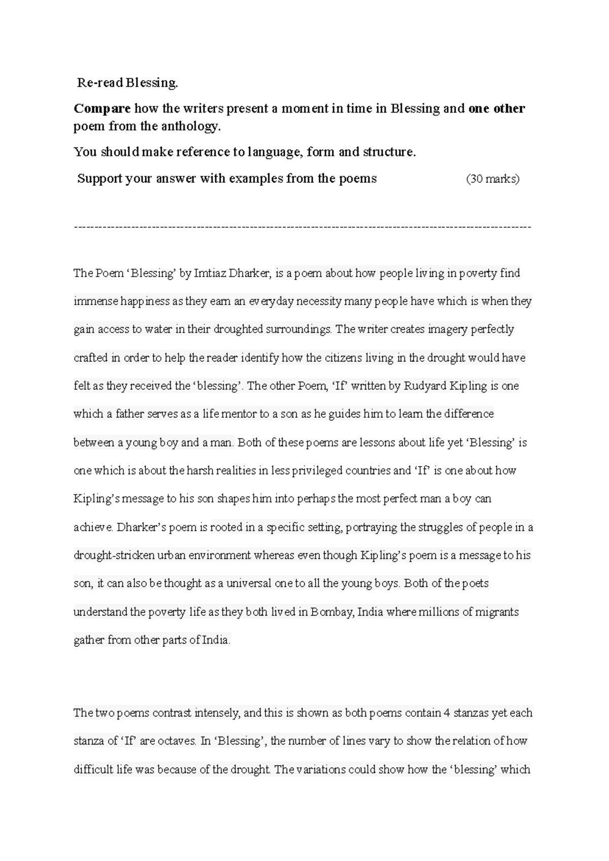 Compare 'Blessing' and 'If' - Re-read Blessing. Compare how the writers ...