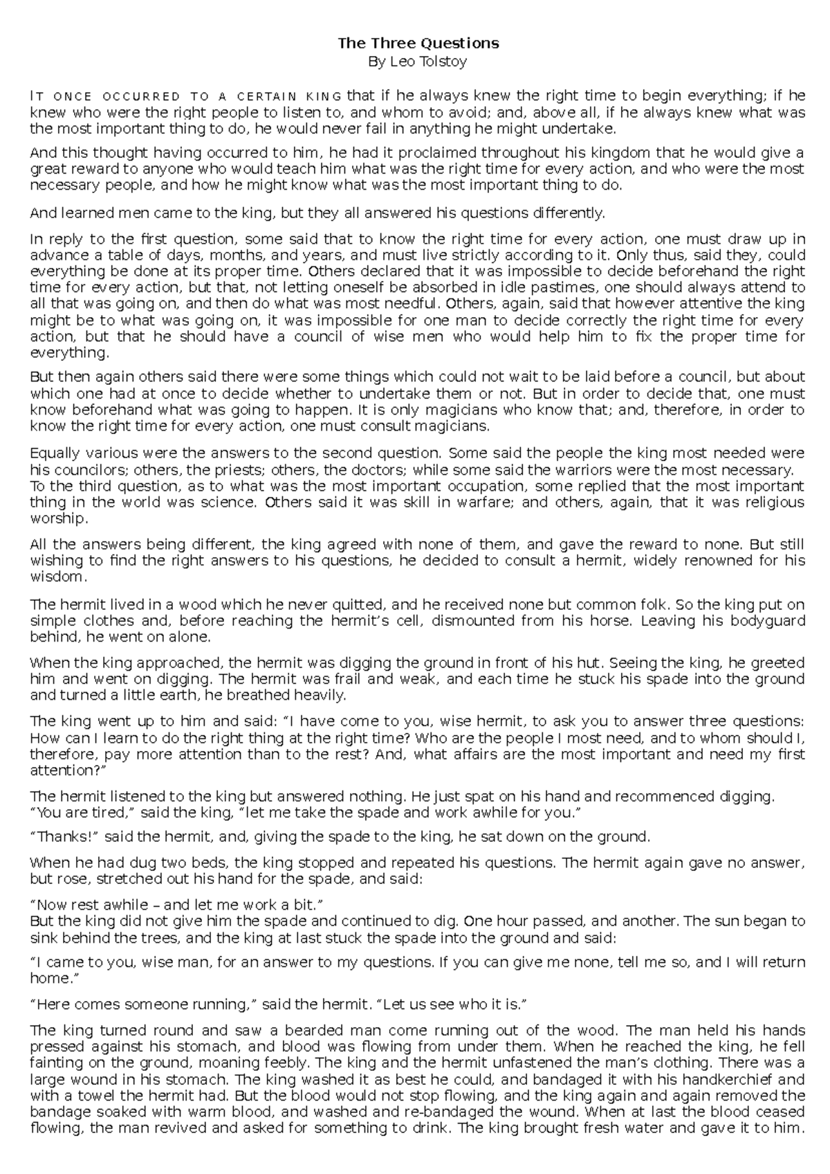 The-Three-Questions - Essay - The Three Questions By Leo Tolstoy I T O ...