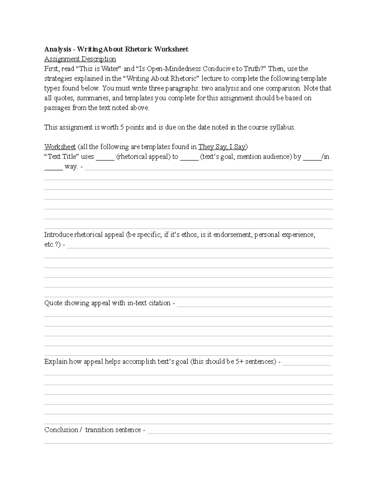 Worksheet - Analysis Writing About Rhetoric - Analysis - Writing About ...