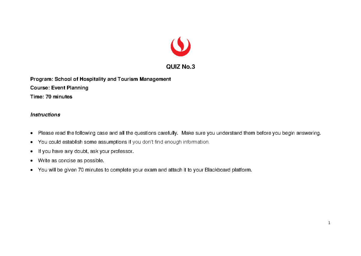 202201 QUIZ 3 Event Planning CASE - QUIZ No. Program: School of ...