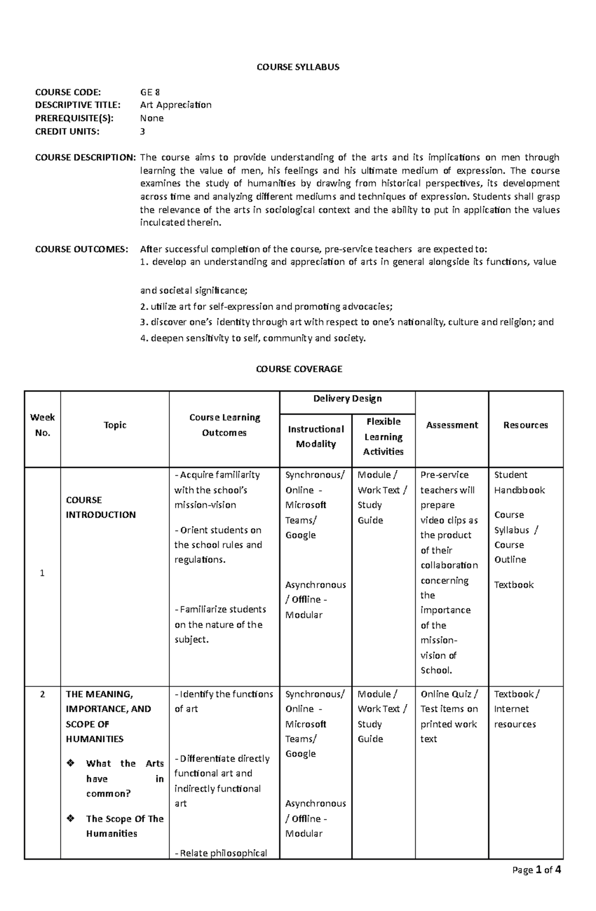 Syllabus - Art Appreciation - COURSE SYLLABUS COURSE CODE: GE 8 ...