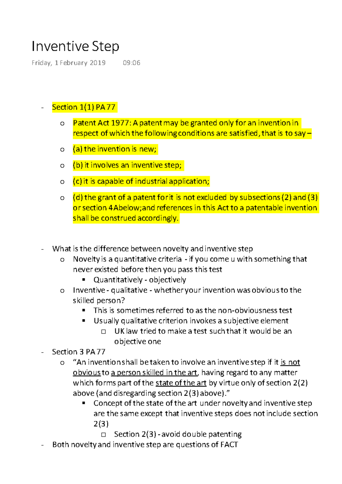 IP Lecture 14 - Inventive Step - Section 1(1) PA 77 Patent Act 1977: A ...