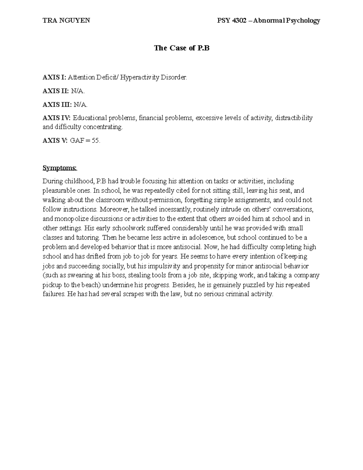 P.B, Bill, Amanda - Required assignment. - TRA NGUYEN PSY 4302 Abnormal ...