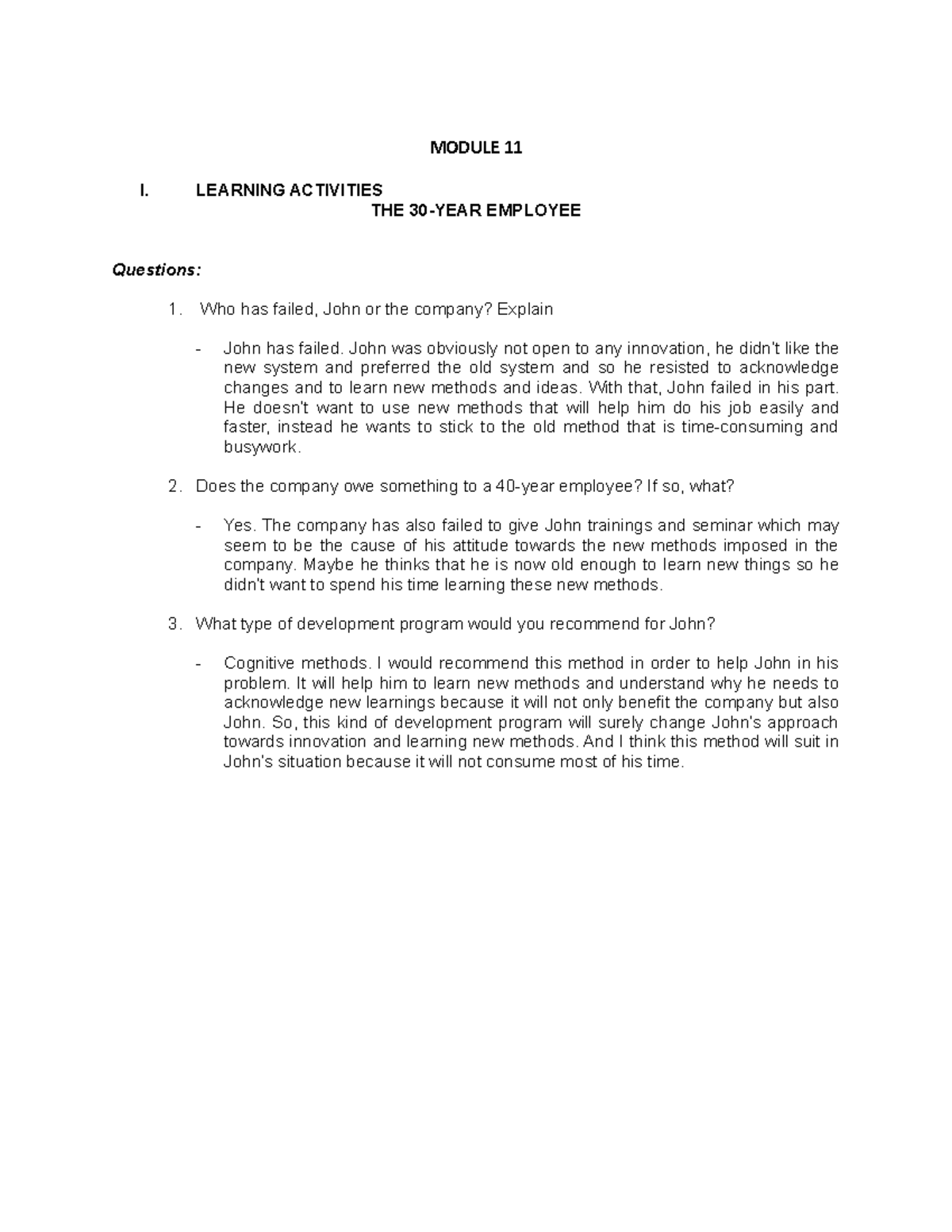 MGT3 Module 11 case study - MODULE 11 I. LEARNING ACTIVITIES THE 30 ...