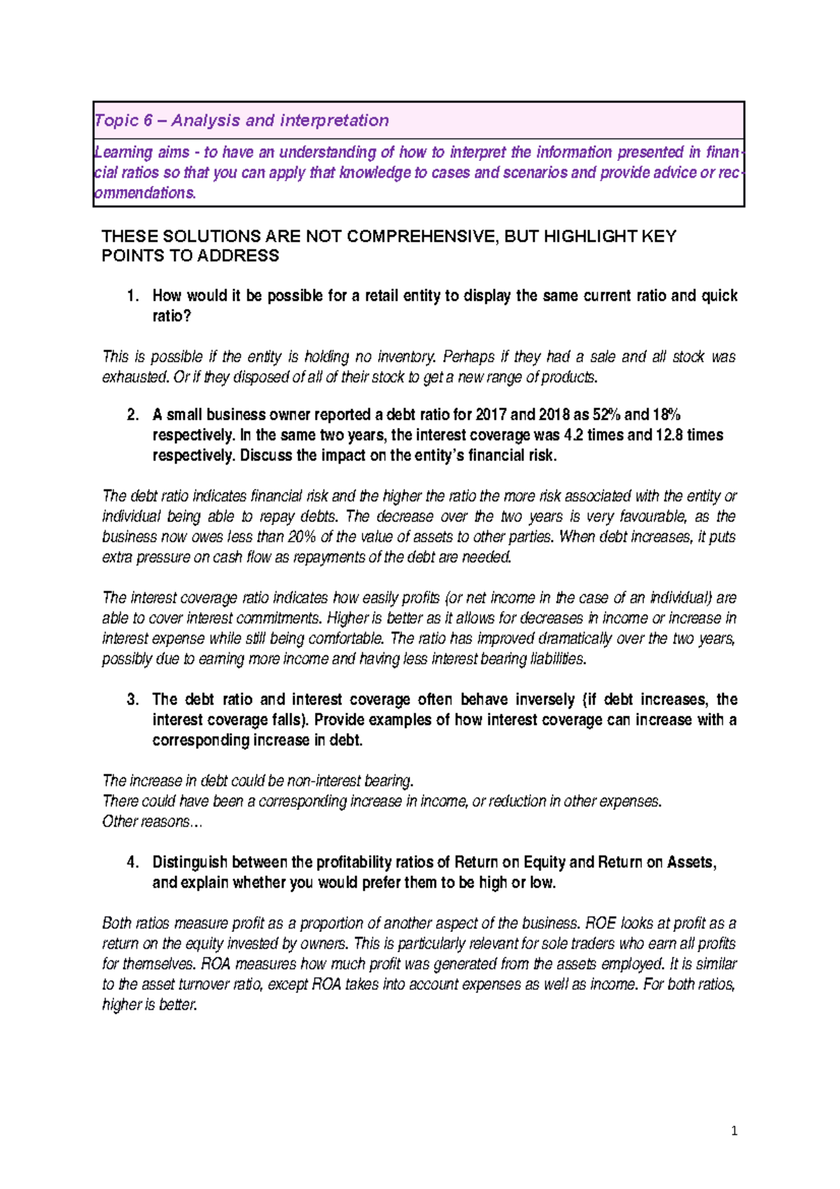 Topic 6 Key Workbook Solutions - Topic 6 – Analysis and interpretation ...