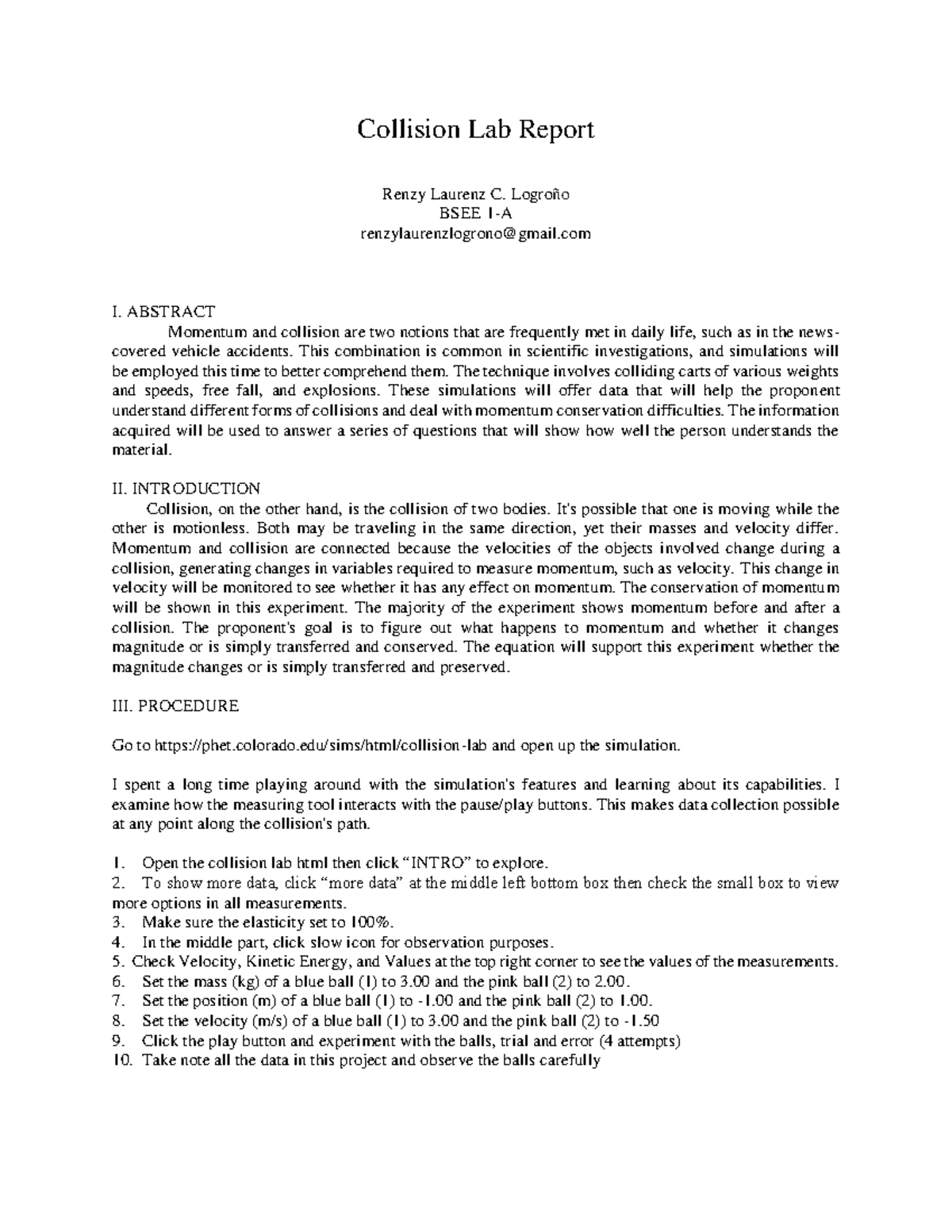 Collision Lab Report by Renzy - Collision Lab Report Renzy Laurenz C ...