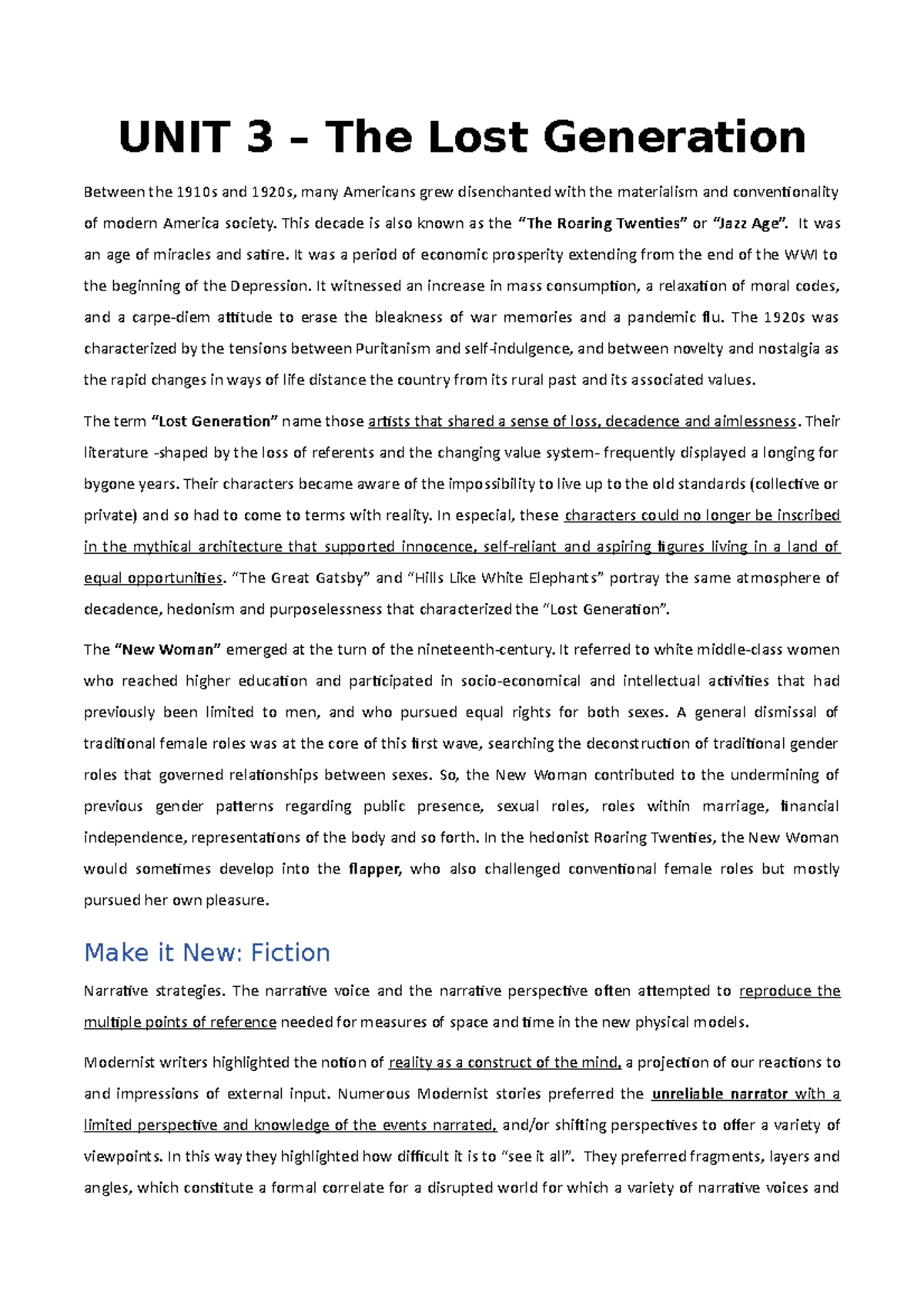 UNIT 3 - The Lost Generation - UNIT 3 – The Lost Generation Between the ...
