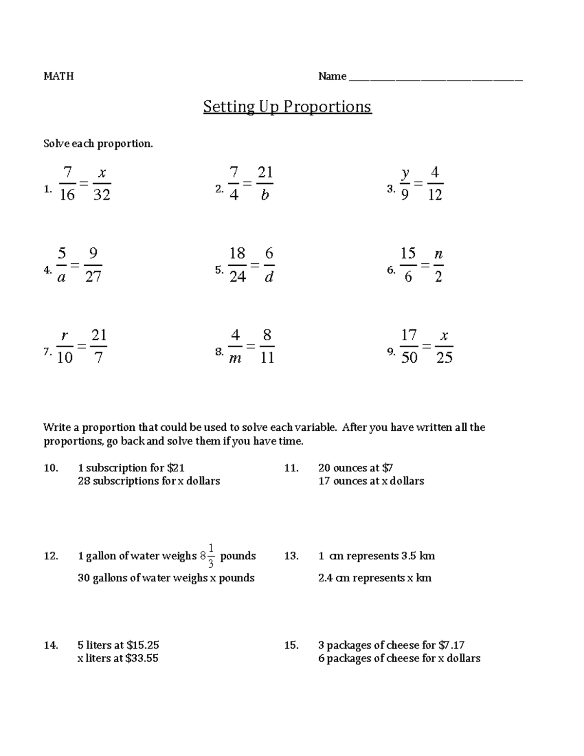 Settingup Proportions Math Worksheet-1 - MATH Name