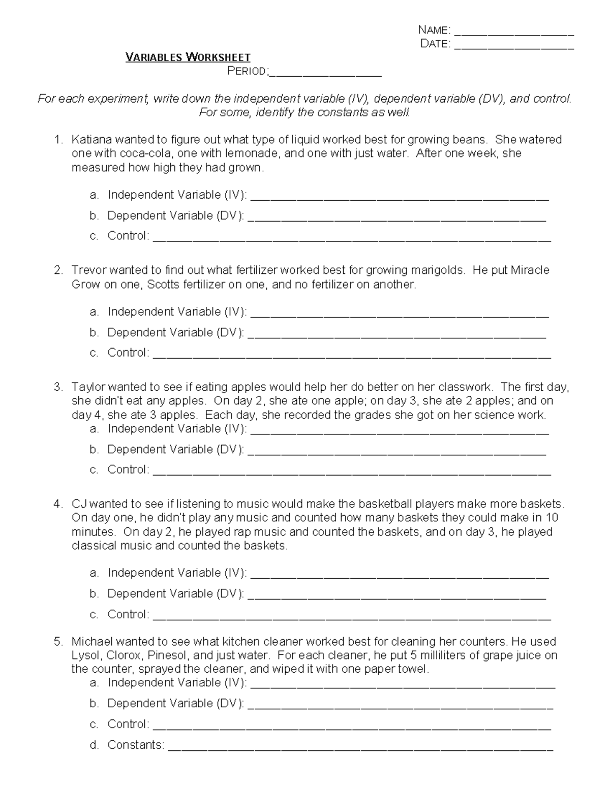 Variables Worksheet - NAME: __________________ DATE ...