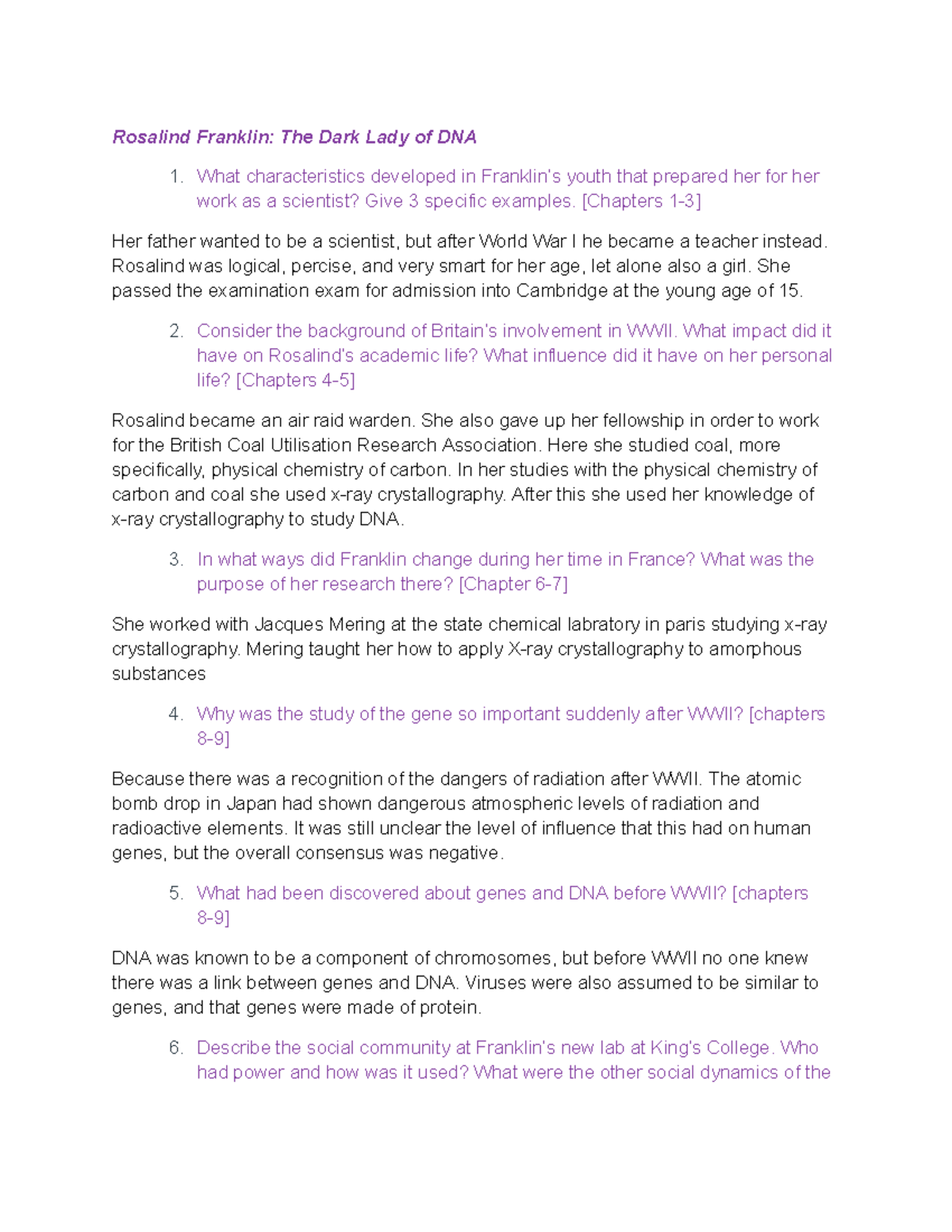 Module 3 reflection - Rosalind Franklin: The Dark Lady of DNA 1. What ...