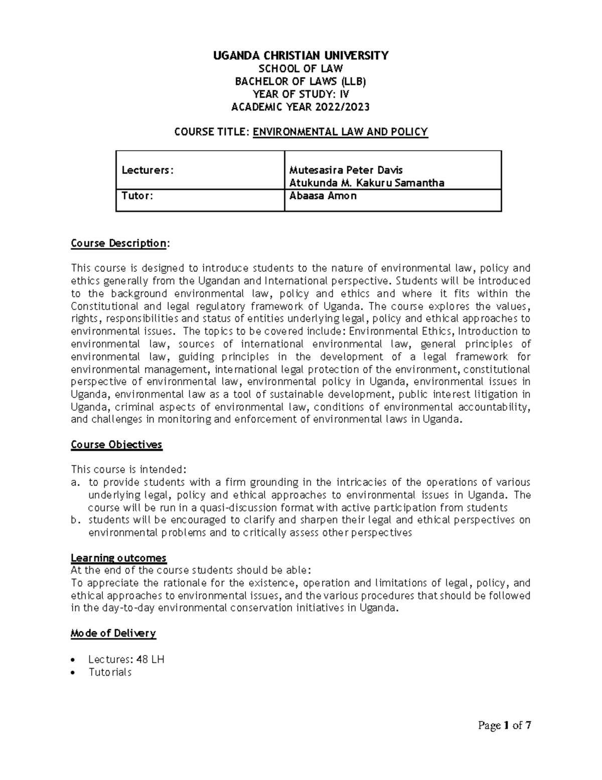 Environmental Law and Policy Course Outline 2022 - UGANDA CHRISTIAN UNIVERSITY SCHOOL OF LAW ...