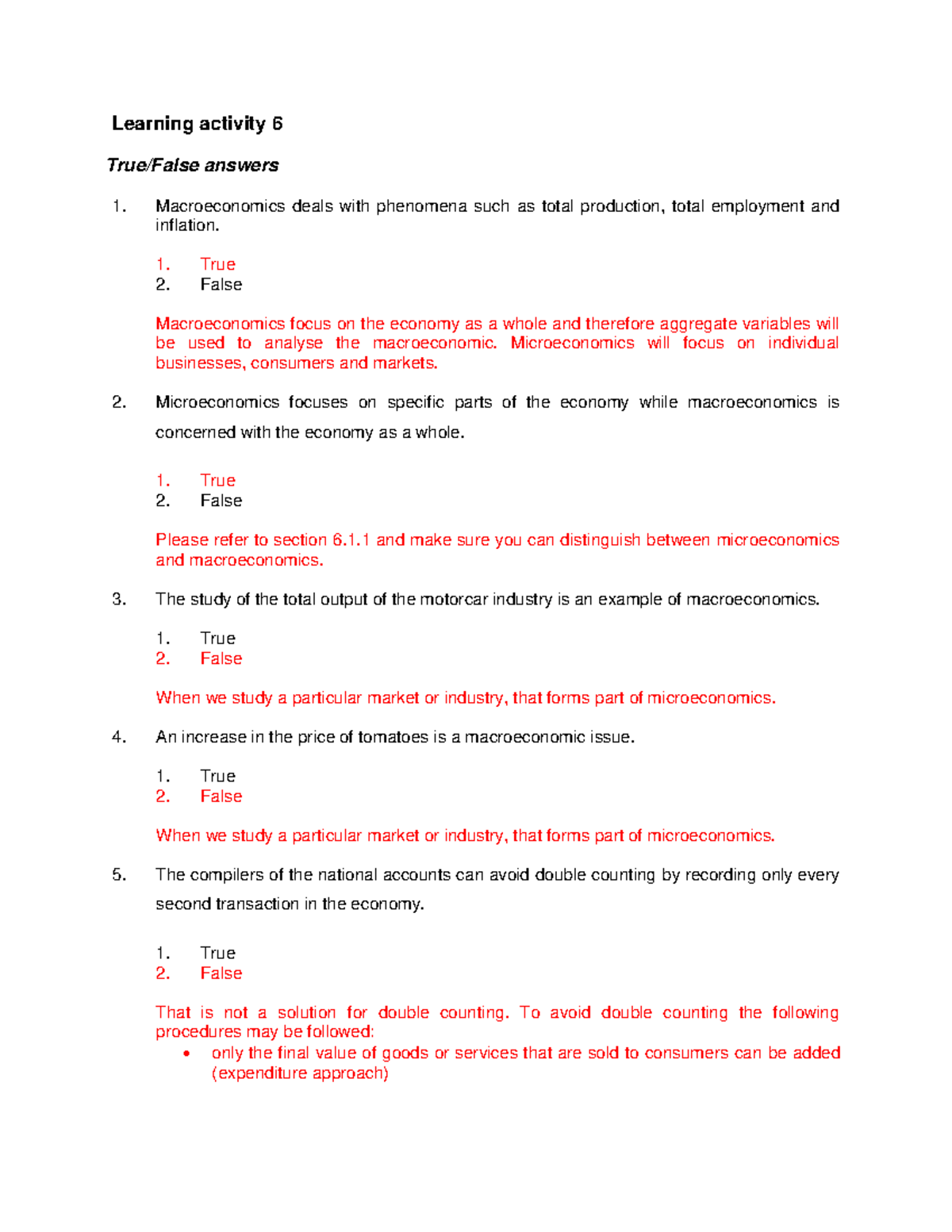 Learning activity 6 answers - Learning activity 6 True/False answers ...
