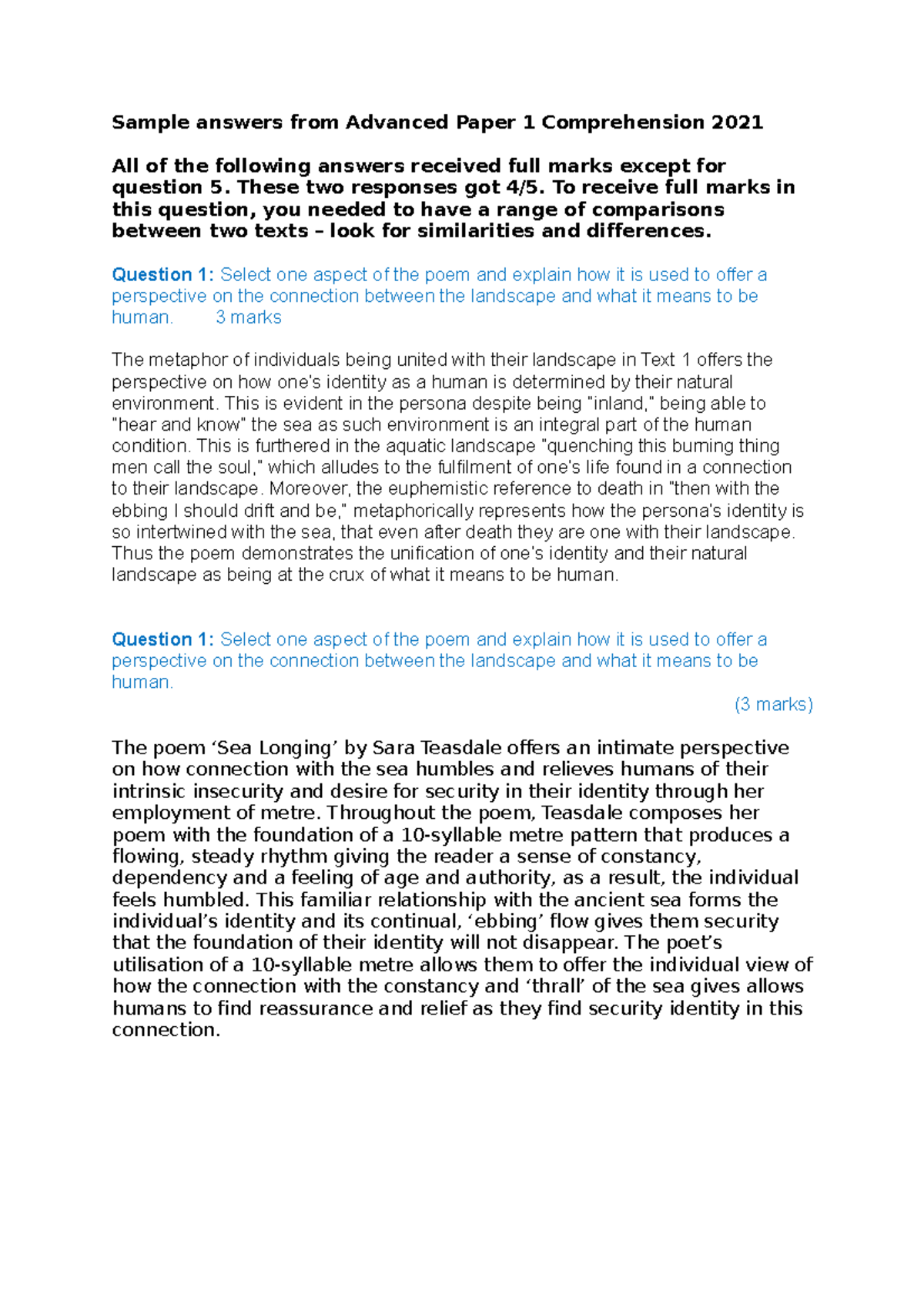 12 Adv P1 Comprehension student samples 2021 - Sample answers from Advanced Paper 1 ...