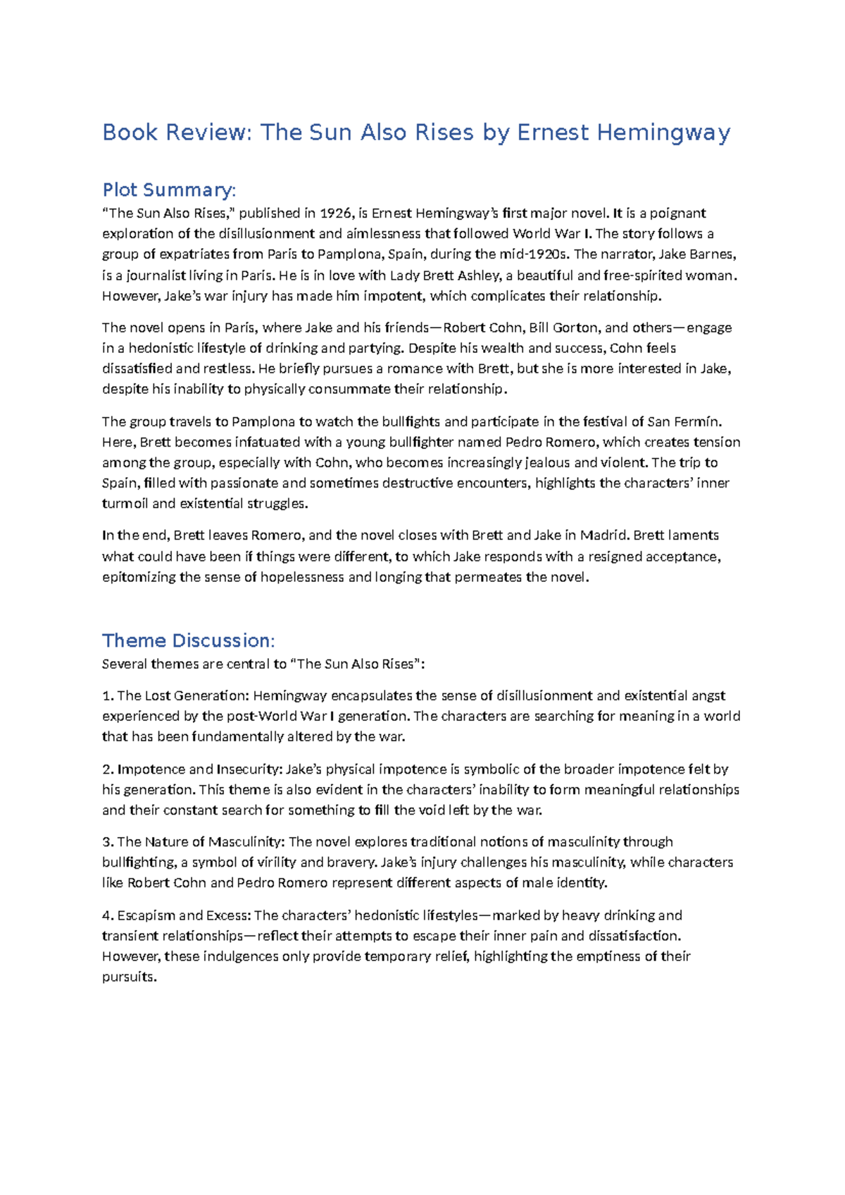 Book Review of "The Sun Also Rises" by Ernest Hemingway - Book Review ...