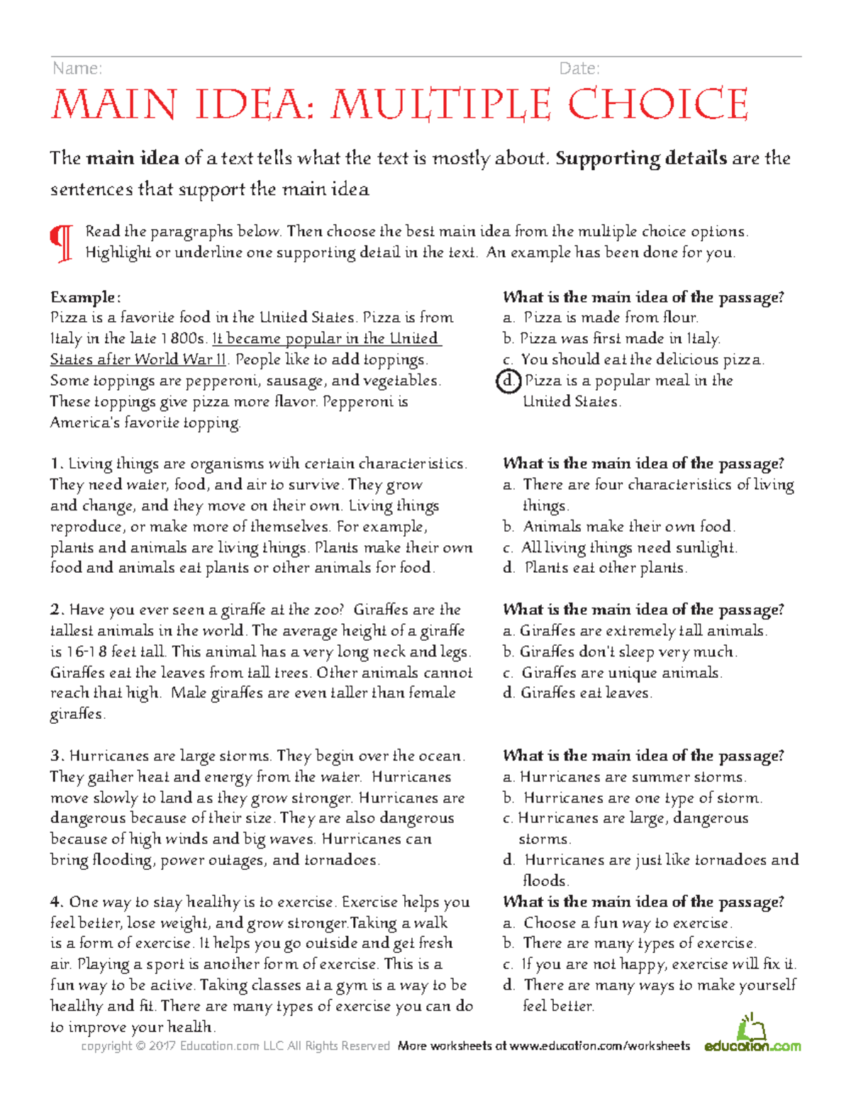 Main idea multiple choice - Name: Date: copyright © 2017 Education LLC ...