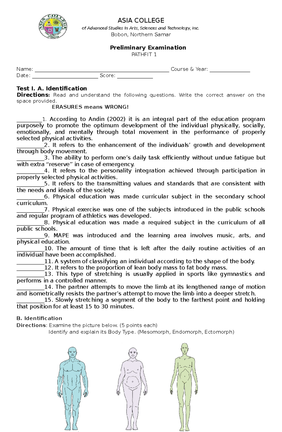 Pathfit exam - notes - ASIA COLLEGE of Advanced Studies in Arts ...