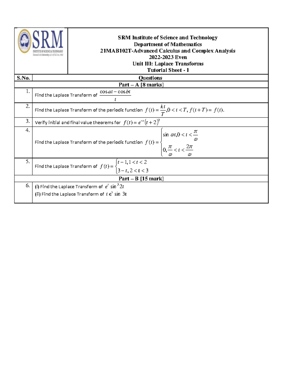 Tutorial 1 unit 3 anuradha - SRM Institute of Science and Technology Department of Mathematics ...