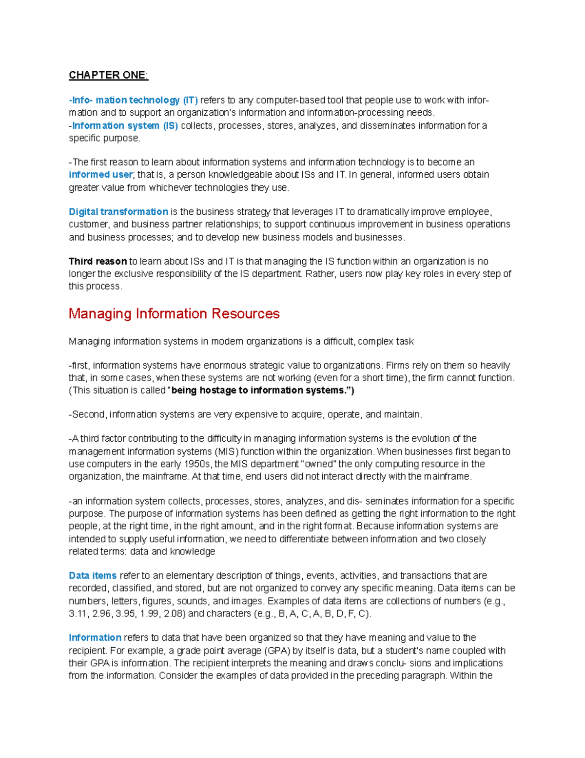BTMA 317 Notes - CHAPTER ONE : -Info- mation technology (IT) refers to ...