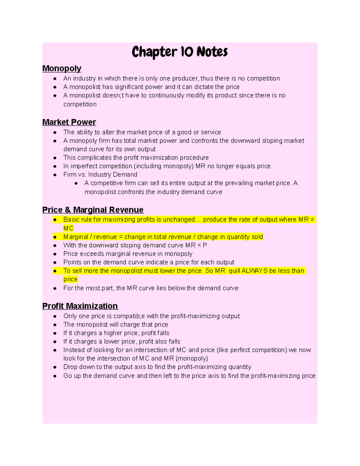 Chapter 10 Notes - Chapter 10 Notes Monopoly An industry in which there ...