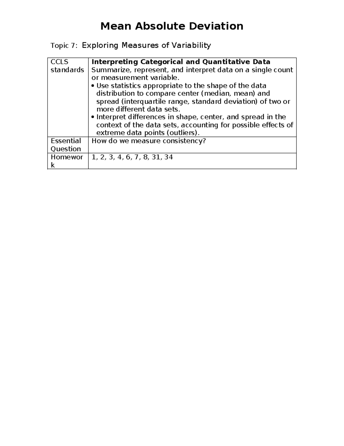 1 Mean Absolute Deviation - Topic 7: Exploring Measures of Variability ...