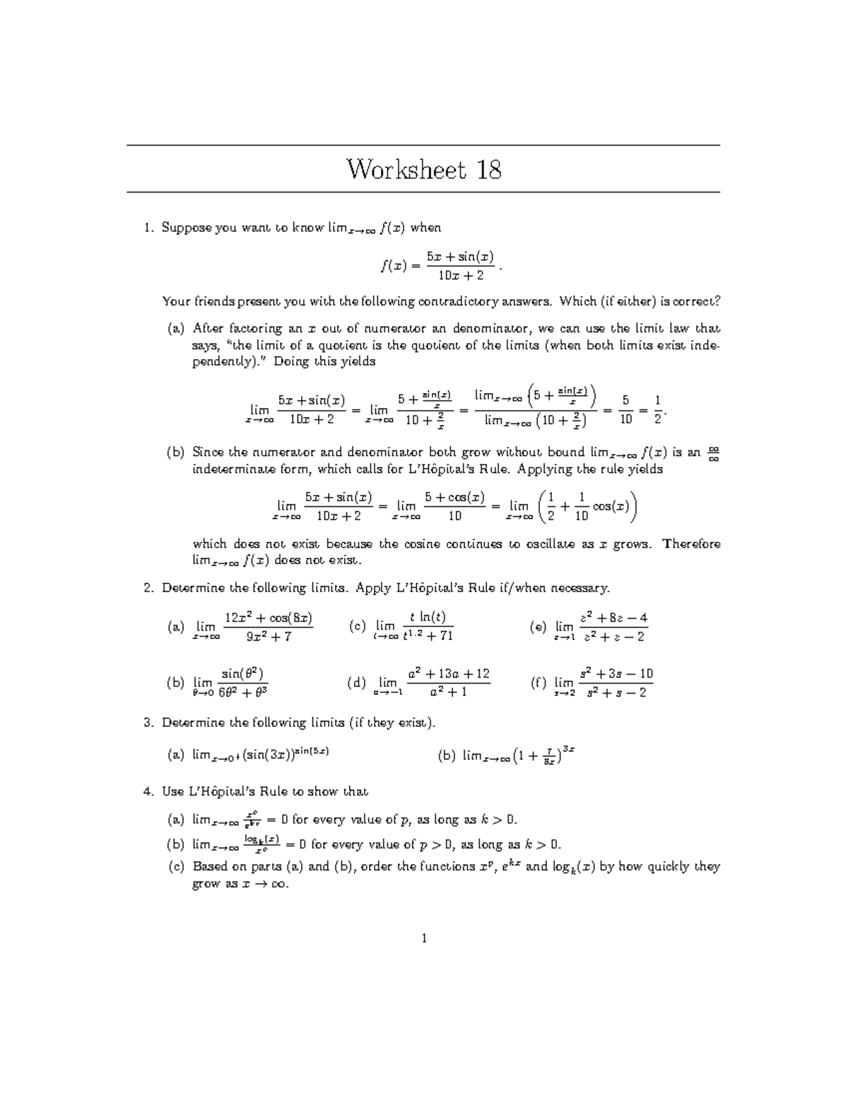 WS18 - L'Hopital's Rule and limits to infinity - Worksheet 18 Suppose ...