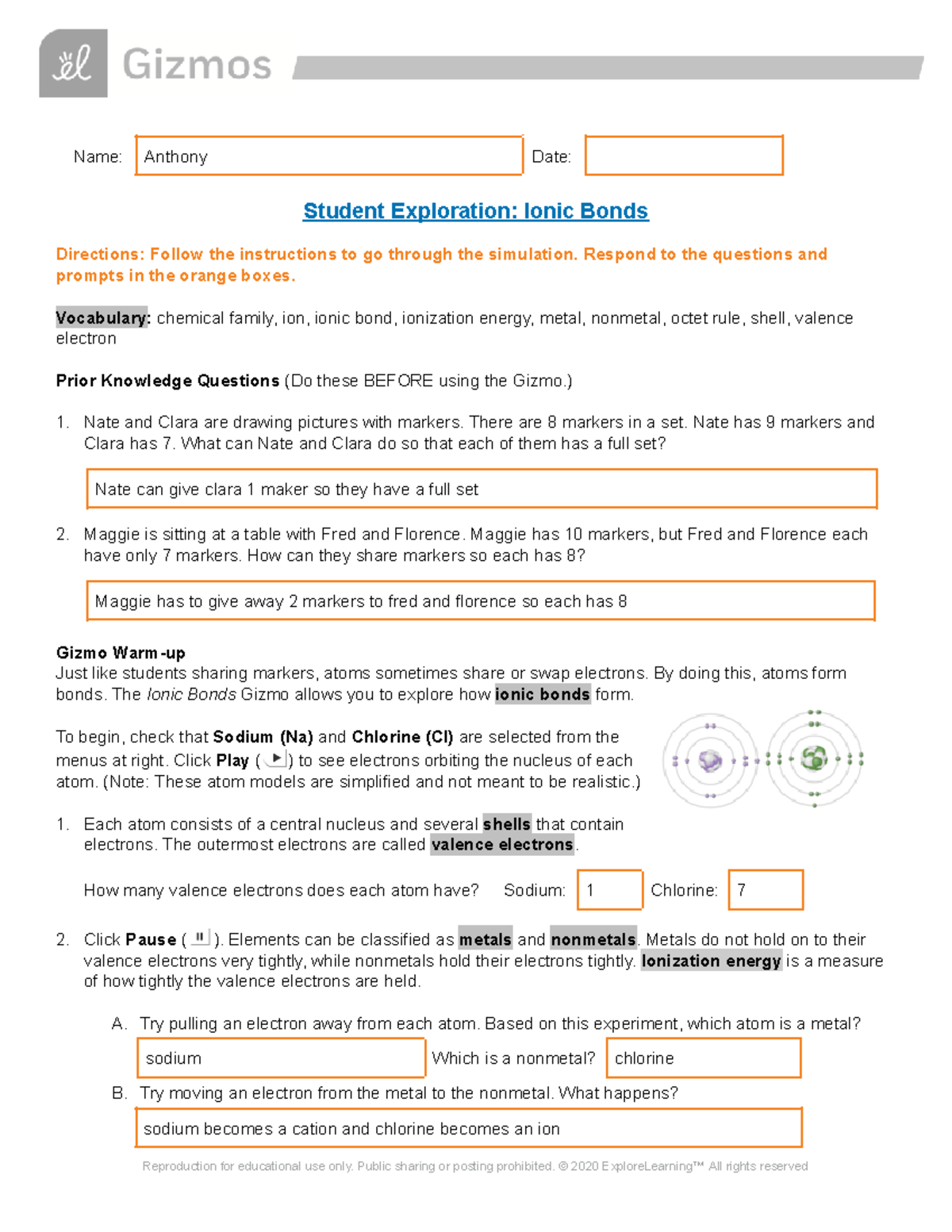 Copy of Ionic Bonds SE - gizmos - Name: Anthony Date: Student Exploration: Ionic Bonds ...