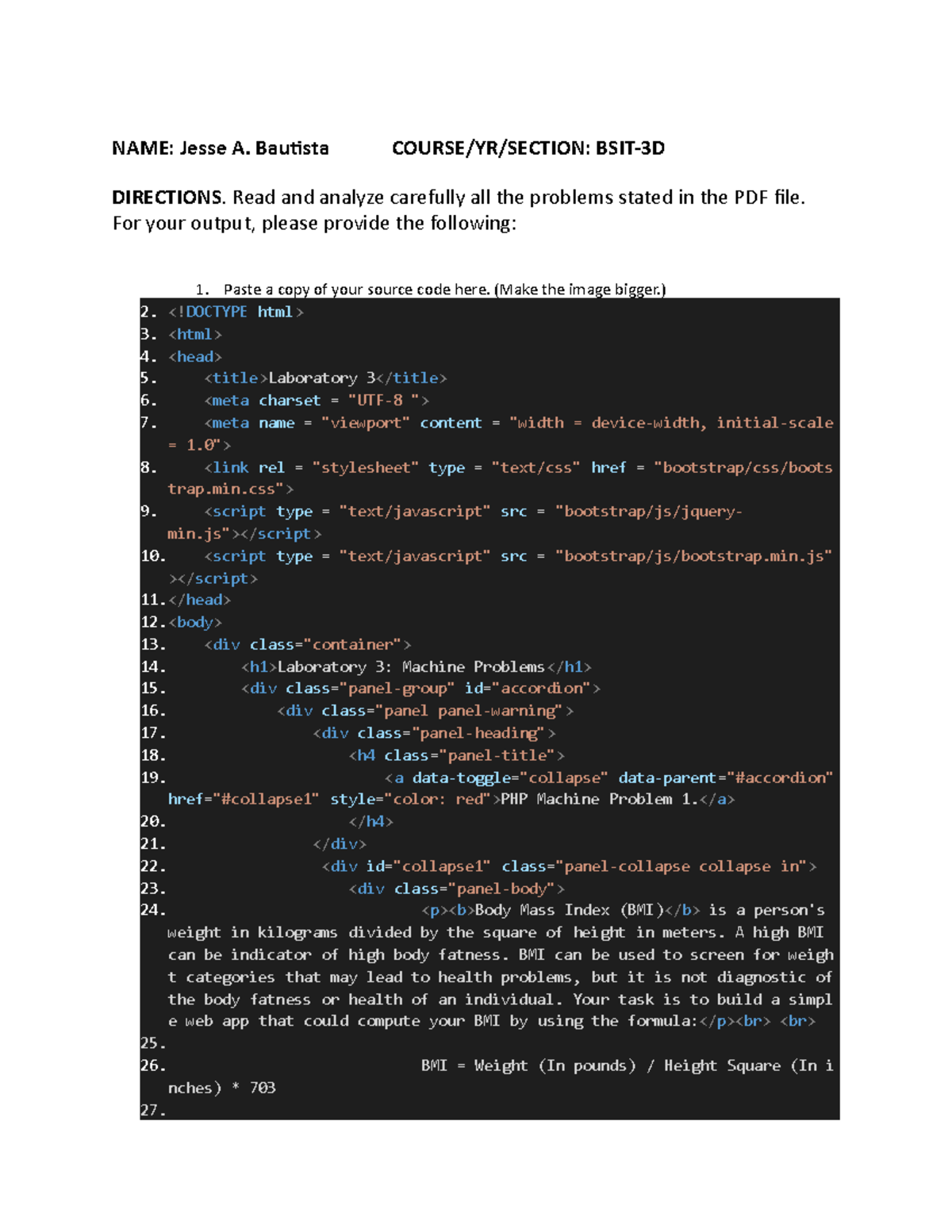 Lab-Activity-3-Output 1 - NAME: Jesse A. Bautista COURSE/YR/SECTION ...