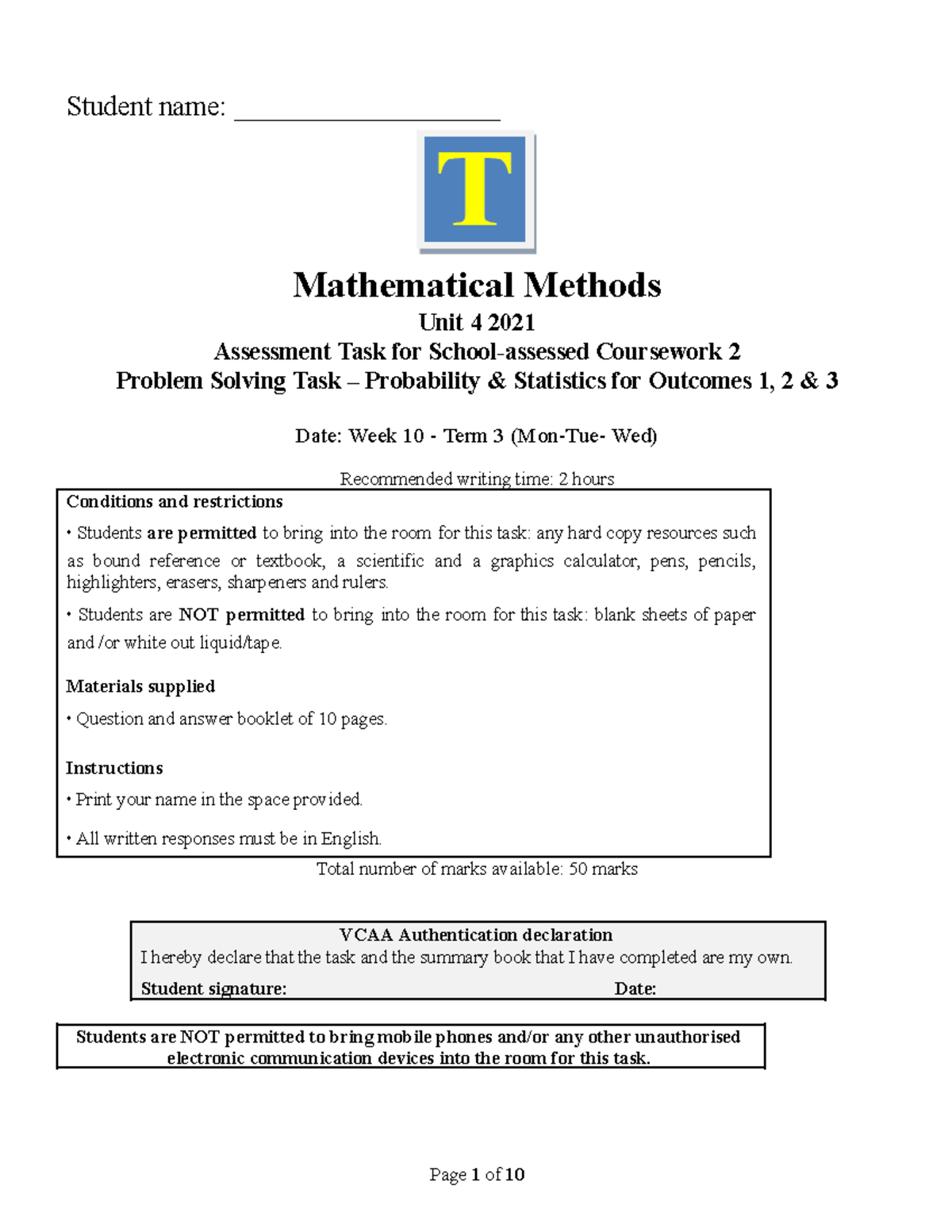 2021- Probability SAC - Student name: ___________________ Mathematical ...