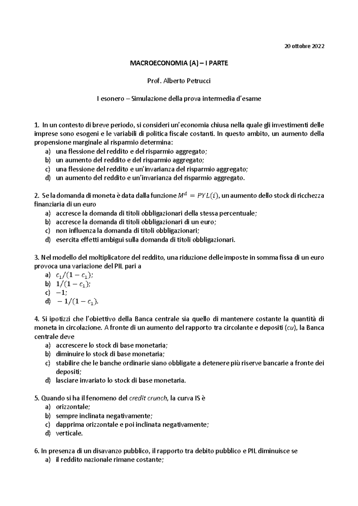 I esonero MOCK no risoposte esatte - 20 ottobre 2022 MACROECONOMIA (A ...