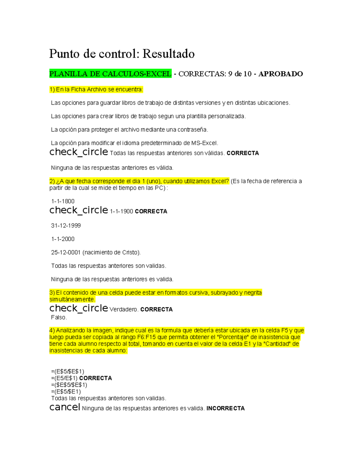 Segundo punto de control - Punto de control: Resultado PLANILLA DE CALCULOS-EXCEL - CORRECTAS: 9 ...