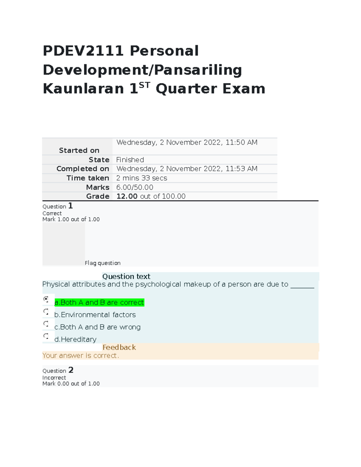 PDEV2111 1st Quarter Exam - PDEV2111 Personal Development/Pansariling ...