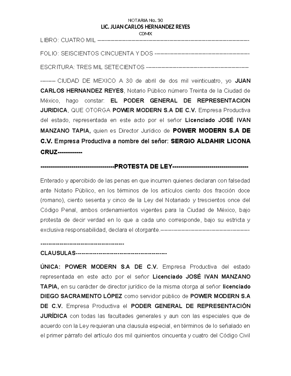 Poder notarial - NOTARIA No. 30 LIC. JUAN CARLOS HERNANDEZ REYES CDMX ...
