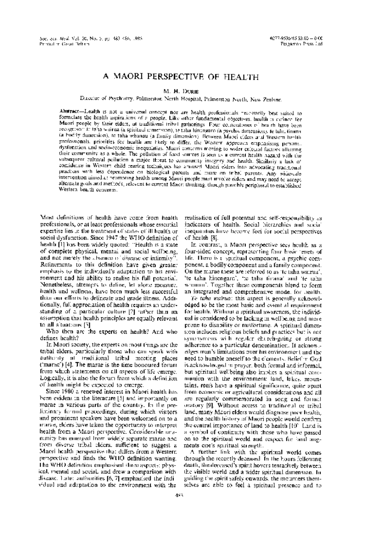 A Maori Perspective of Health - Soc. Sci. Med. Vol. 20, No. 5, pp. 483 ...