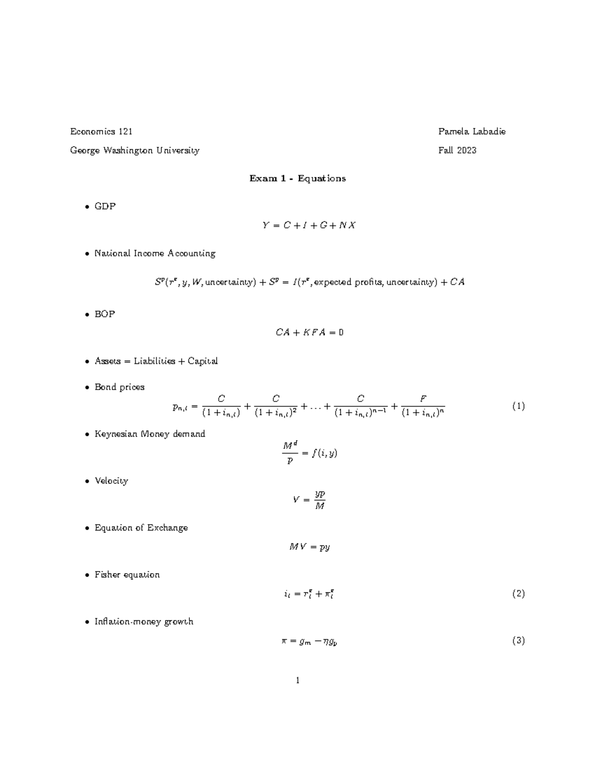 Equations - equation - Economics 121 Pamela Labadie George Washington ...