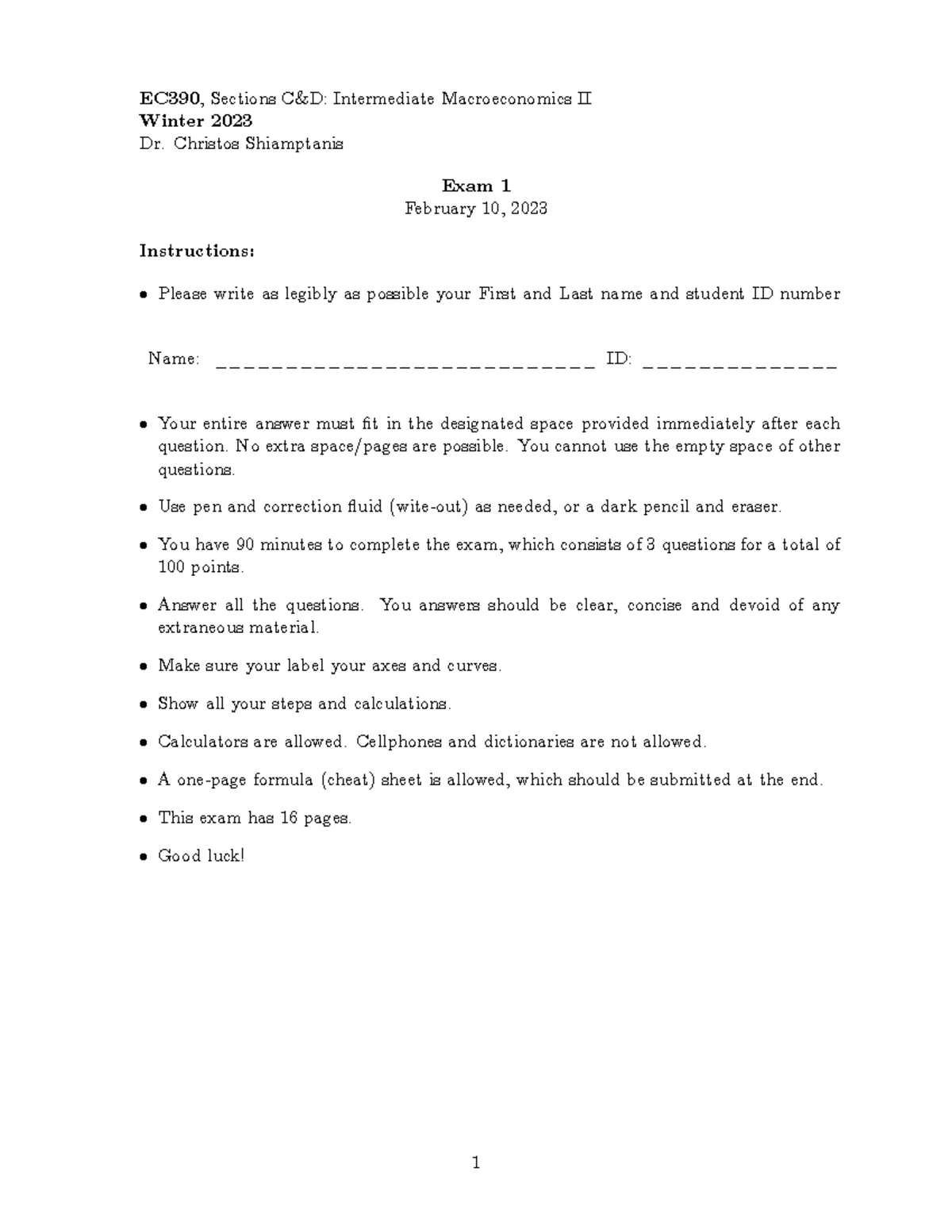 Exam1 winter 2023 - In this case, because the competitive equilibrium ...