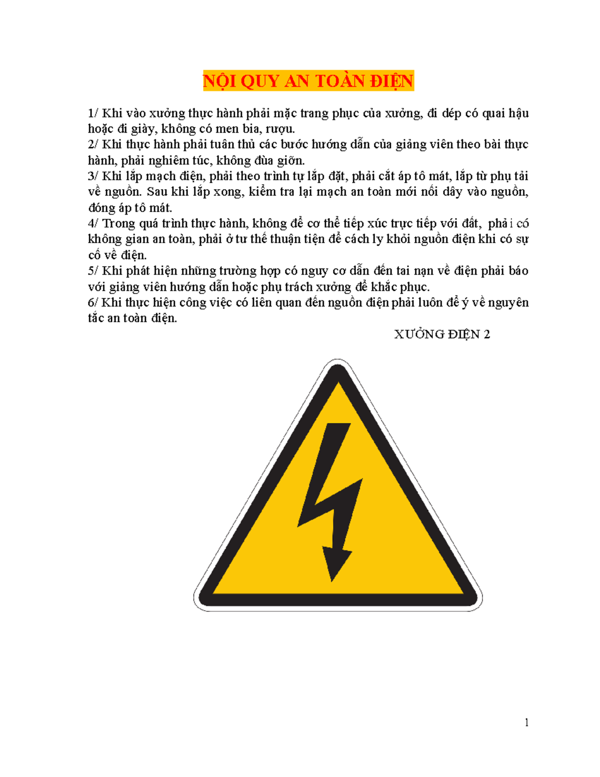 TN Truyền động điện 8 - fsdfd - NỘI QUY AN TOÀN ĐIỆN 1/ Khi vào xưởng ...