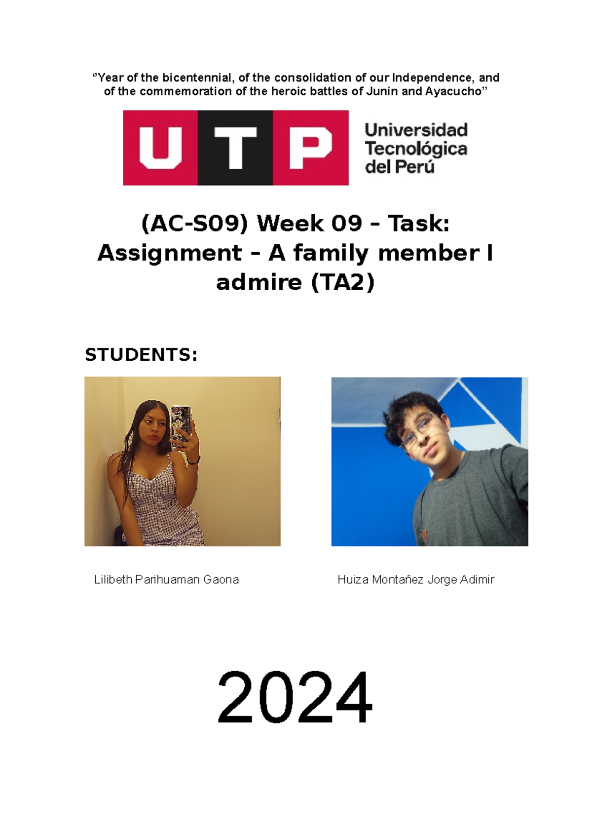 Task assignment TA2 - TAREA ACADEMICA 2 INGLES - ingles, tarea - ‘’Year of the bicentennial, of ...