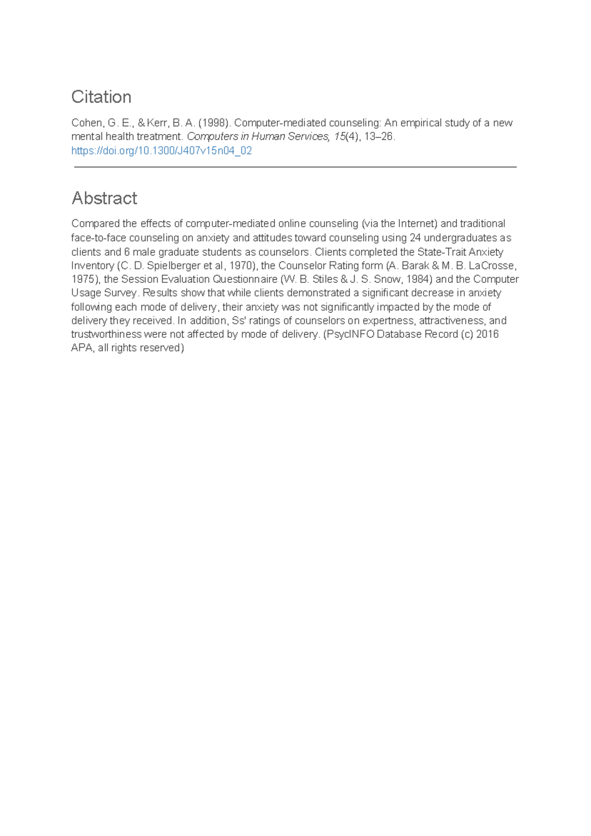 Cohen, G. E., & Kerr, B. A. (1998) Efficacy of Telepsychotherapy ...