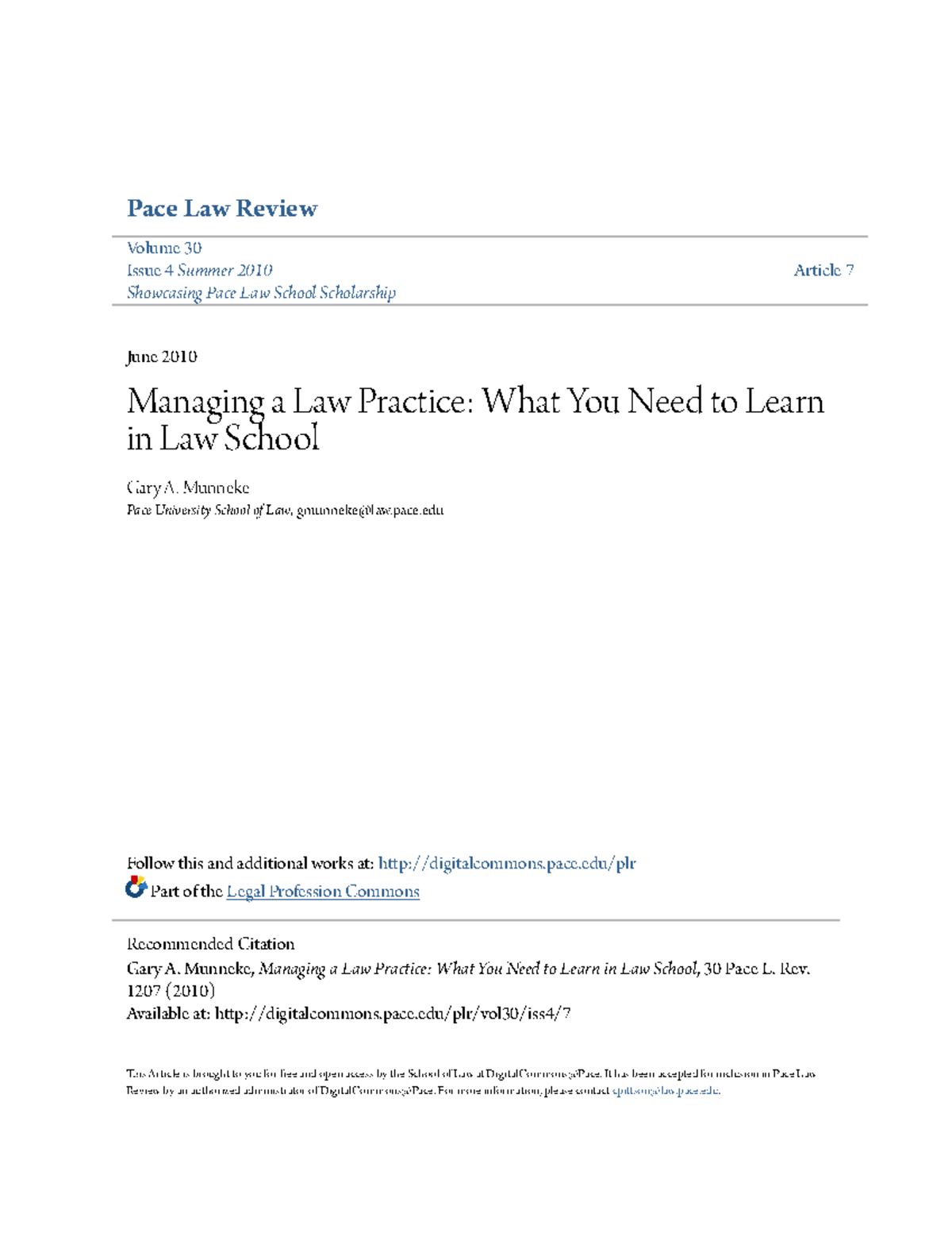 Managing A Law Practice Pace Law Review Volume 30 Issue 4Summer 2010