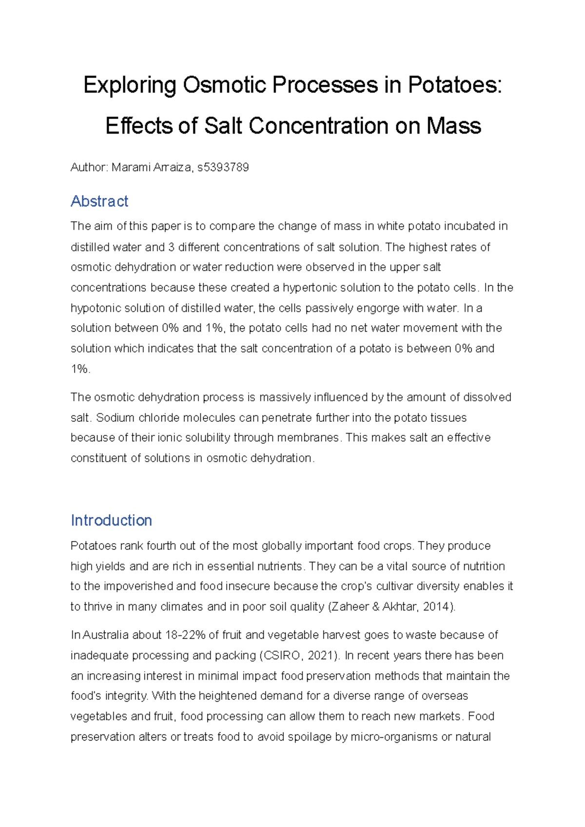 Osmosis Lab Report - Exploring Osmotic Processes in Potatoes: Effects of Salt Concentration on ...