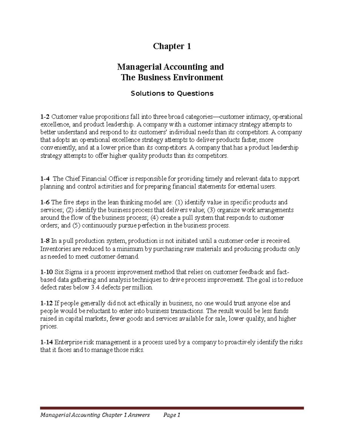 Managerial Accounting Chapter 1 Answers - Chapter 1 Managerial ...