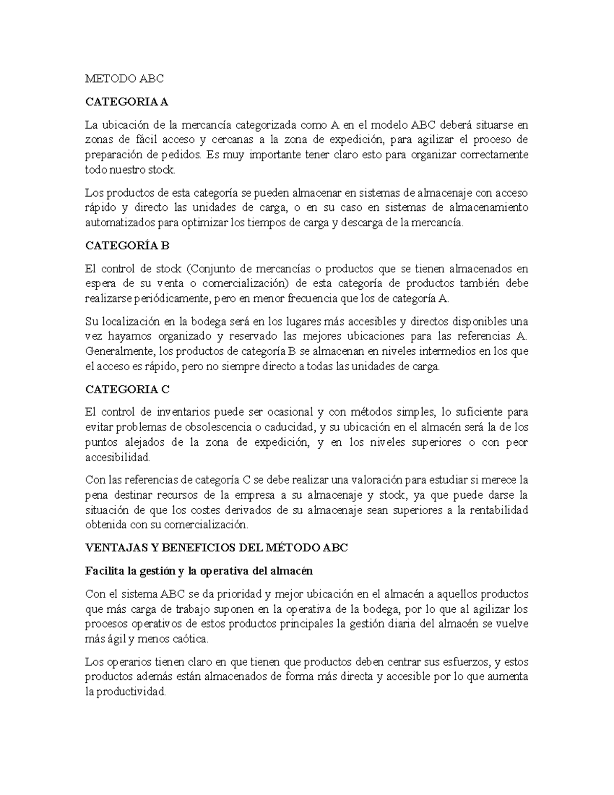 Metodo ABC - Inventarios - METODO ABC CATEGORIA A La ubicación de la ...