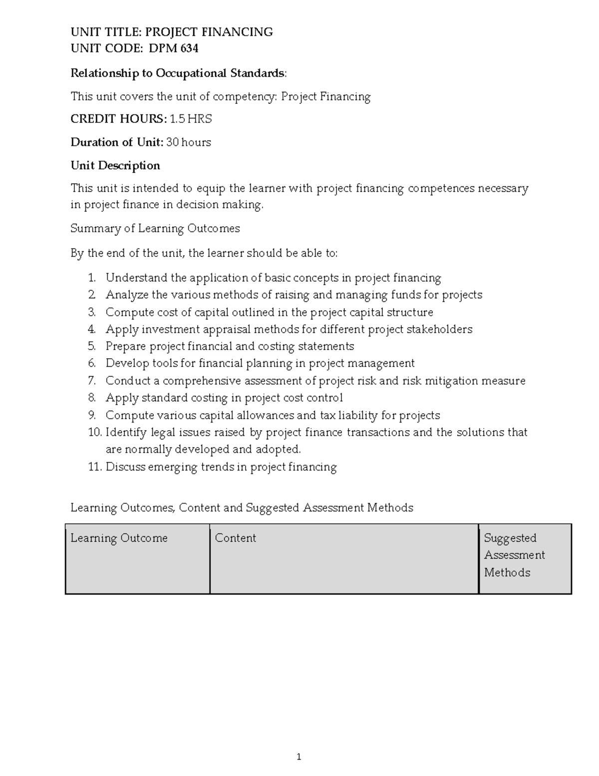 Course Outline I Project Finance - UNIT TITLE: PROJECT FINANCING UNIT ...